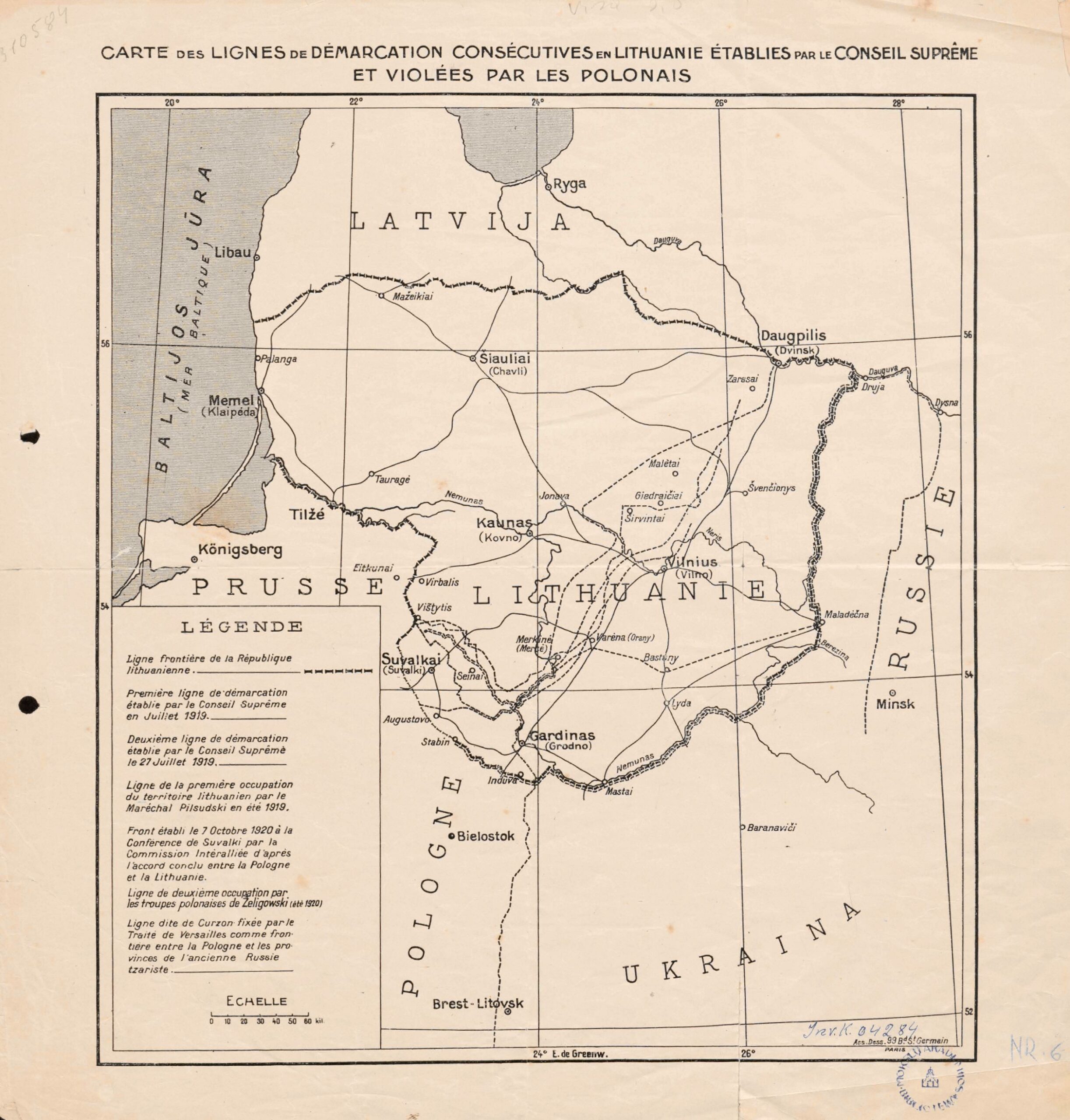 Carte des Lignes de Démarcation Conséc- utives en Lithuanie.., 1920 ...